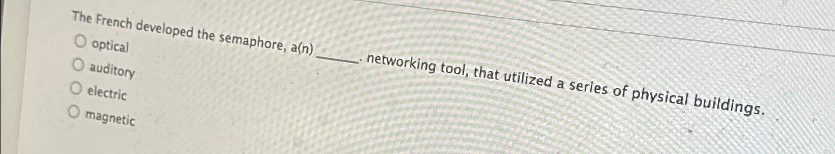 Solved The French developed the semaphore, a(n) ﻿optical | Chegg.com