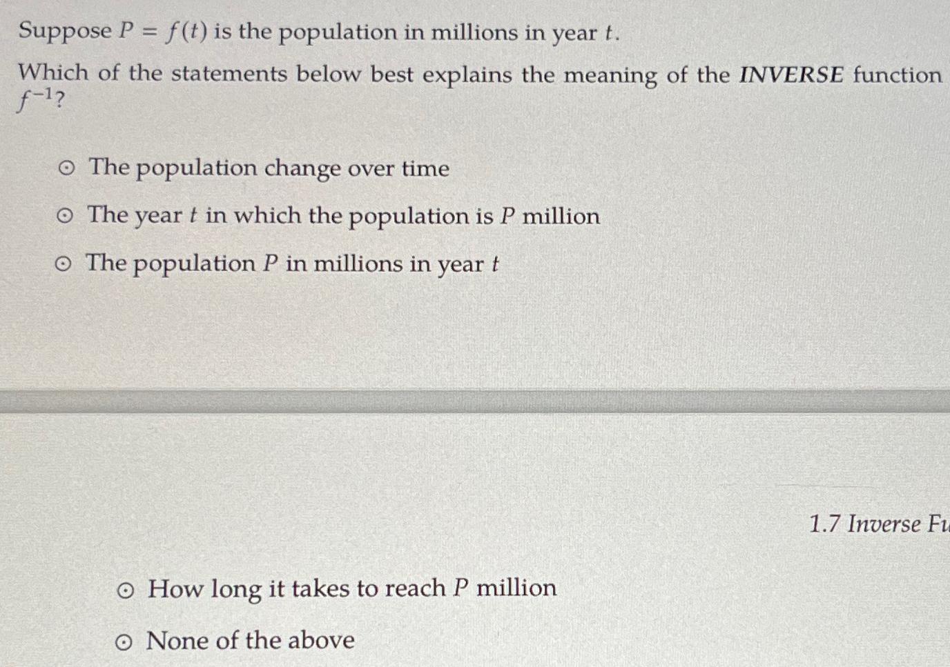 Solved Suppose P=f(t) ﻿is the population in millions in year | Chegg.com