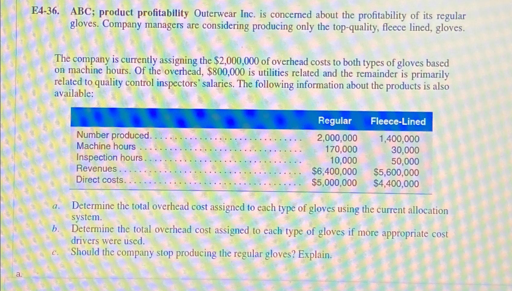 Solved E4-36. ﻿ABC; product profitability Outerwear Inc. is | Chegg.com