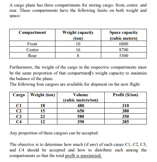 Solved A cargo plane has three compartments for storing | Chegg.com