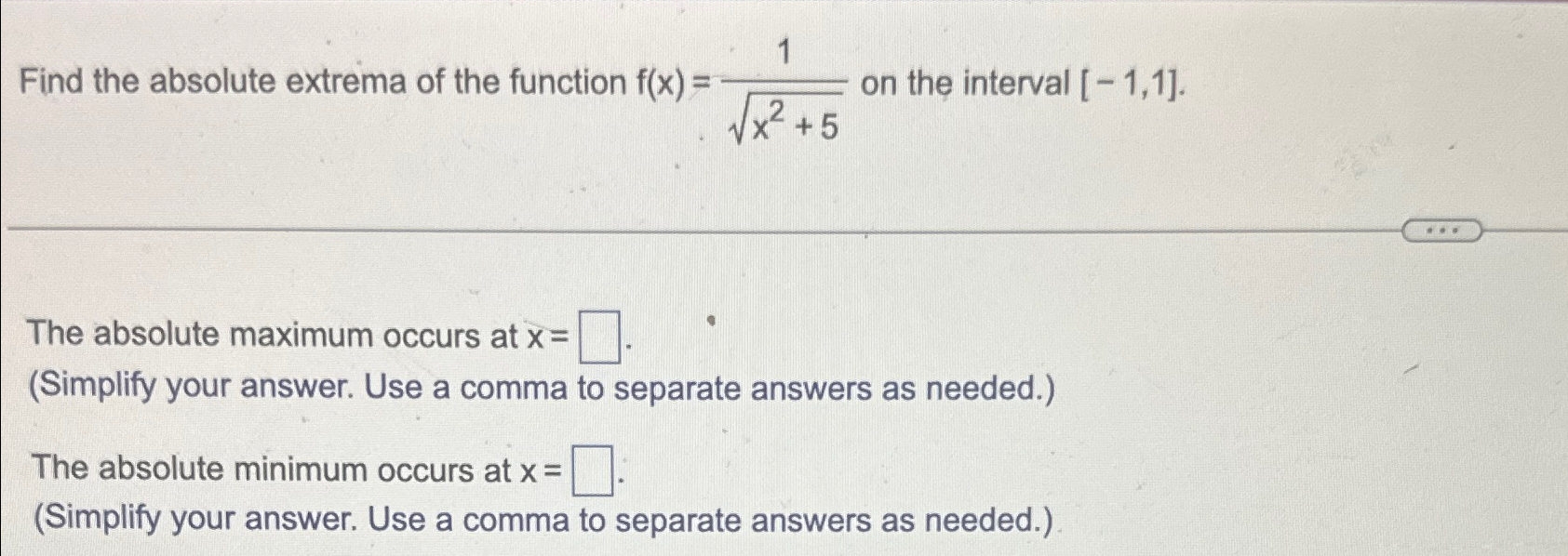 Solved Find the absolute extrema of the function f(x)=1x2+52 | Chegg.com