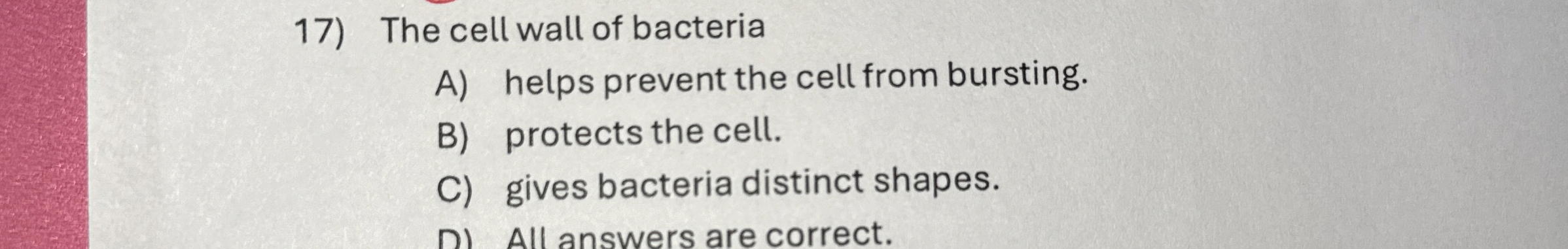 Solved The cell wall of bacteriaA) ﻿helps prevent the cell | Chegg.com