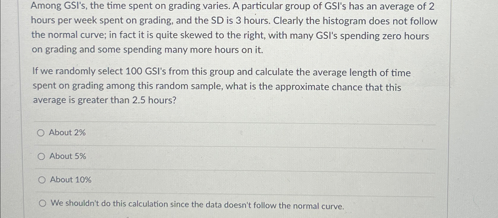 Solved Among GSI's, the time spent on grading varies. A | Chegg.com