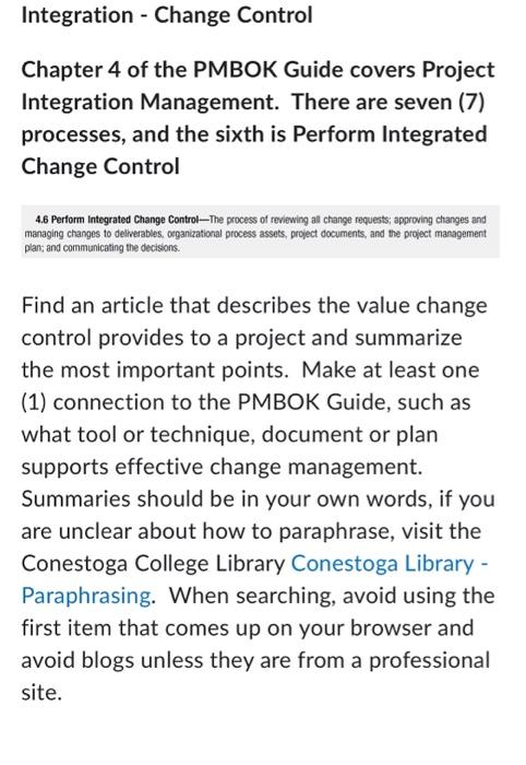 Solved Chapter 4 of the PMBOK Guide covers Project | Chegg.com