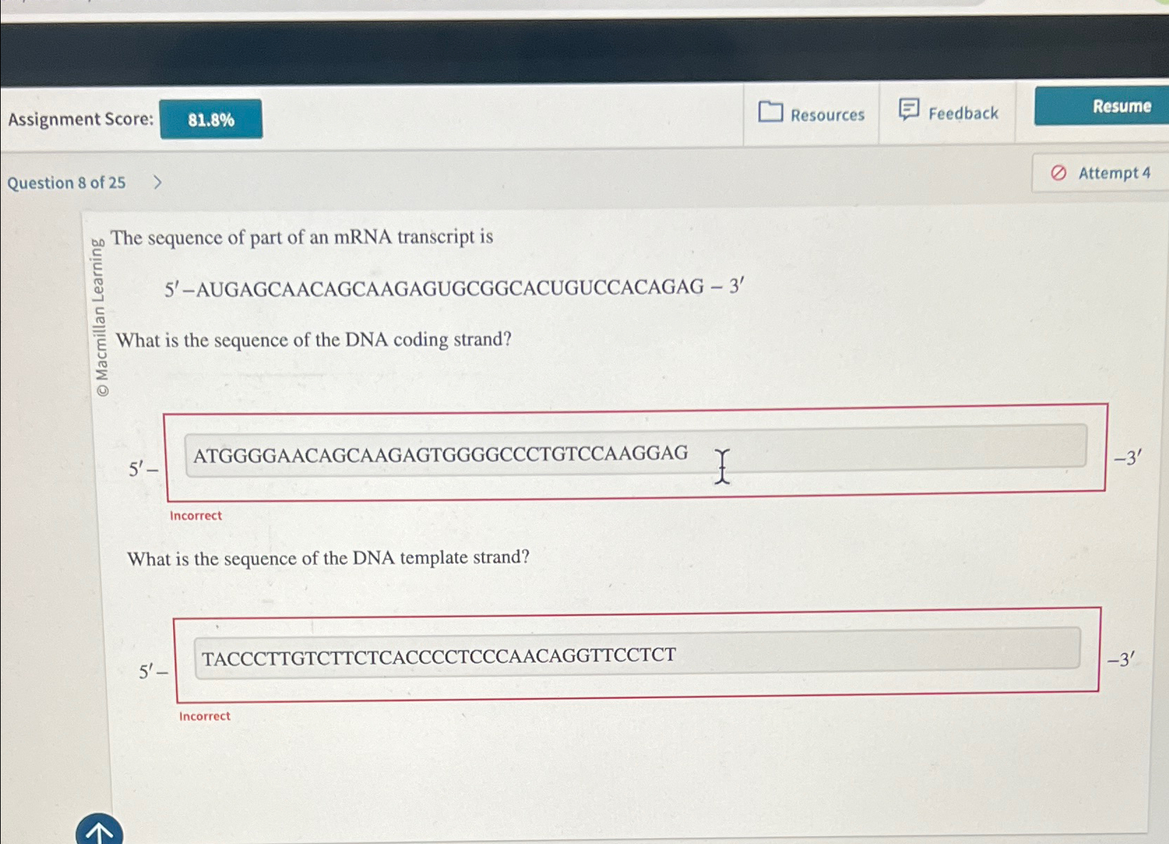 Solved Assignment Score:ResourcesFeedbackQuestion 8 ﻿of | Chegg.com