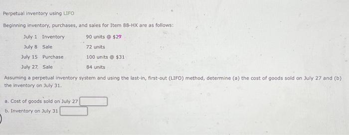 Solved Perpetual inventory using LIFO Beginning inventory, | Chegg.com