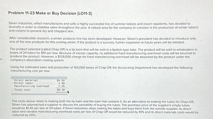 Solved Problem 11-23 Make or Buy Decision [LO11-3] Silven | Chegg.com