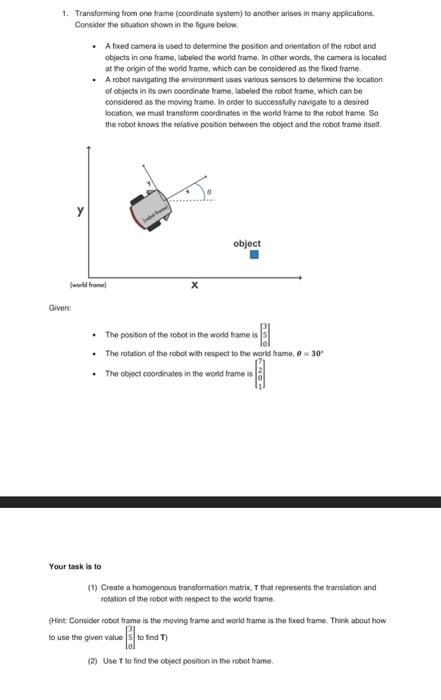 Solved 1. Transforming from one frame (coordinate system) to | Chegg.com