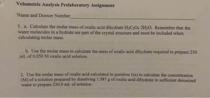 Solved Volumetric Analysis Report Sheet Name and Drawer | Chegg.com
