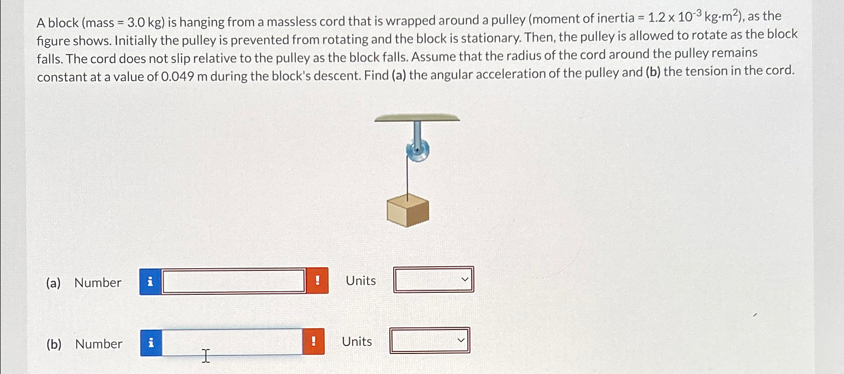 Solved A block (mass =3.0kg ) ﻿is hanging from a massless | Chegg.com