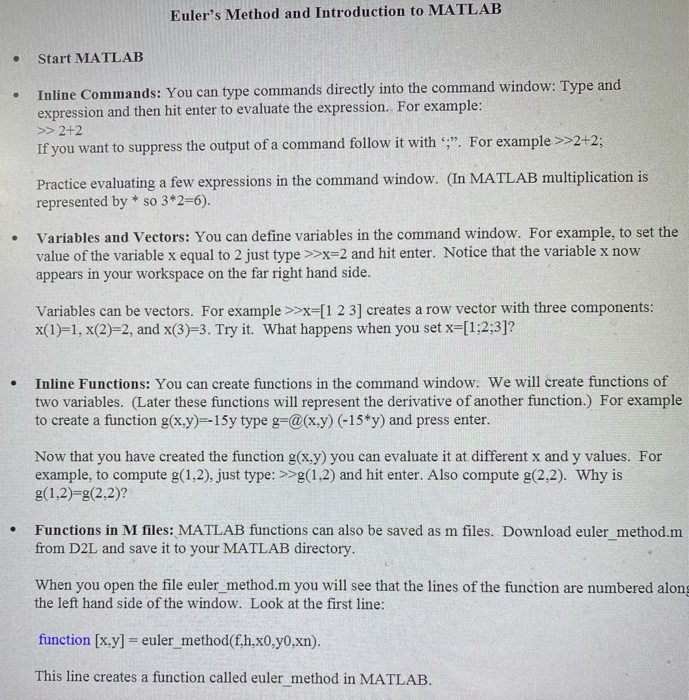 Solved Euler's Method and Introduction to MATLAB Start | Chegg.com