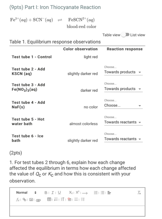 Solved (9pts) Part I: Iron Thiocyanate Reaction Fe3+ (aq) | Chegg.com