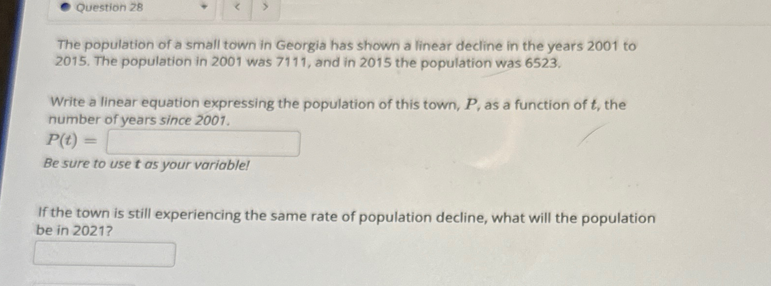 Solved Question 28The population of a small town in Georgia | Chegg.com
