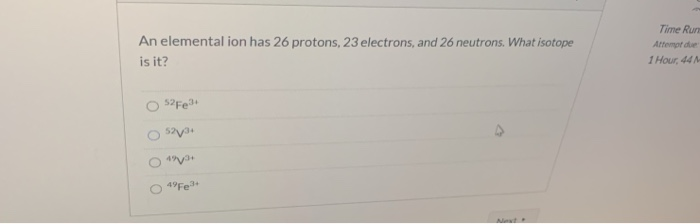 Solved An elemental ion has 26 protons, 23 electrons, and 26 | Chegg.com