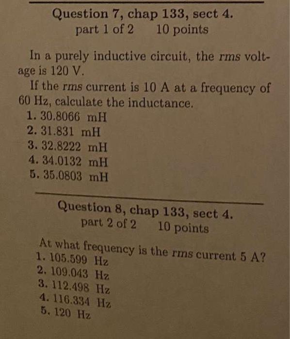 Solved part 1 of 210 points In a purely inductive circuit, | Chegg.com