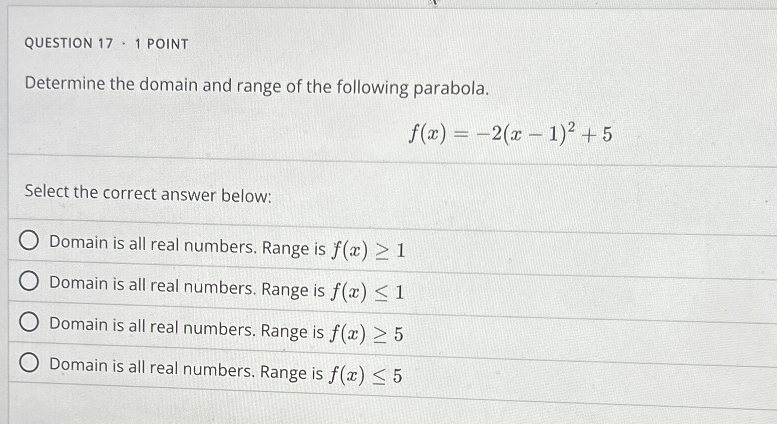 Solved QUESTION 17 - 1 ﻿POINTDetermine the domain and range | Chegg.com