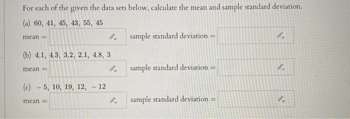 Solved For each of the given the data sets below, calculate | Chegg.com