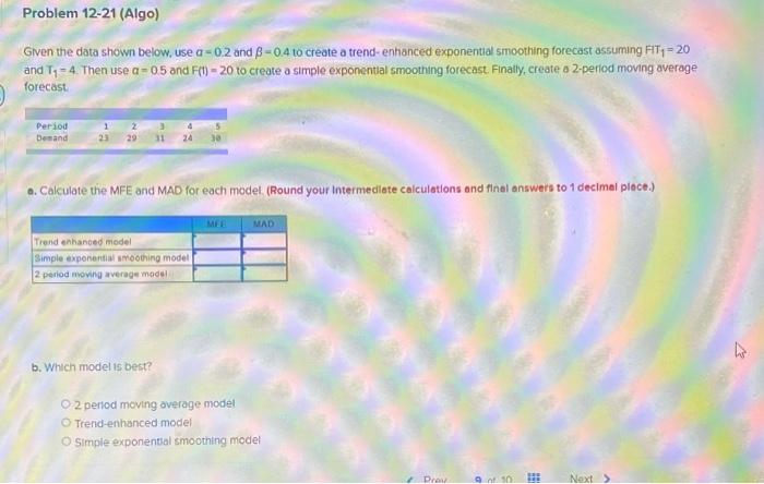 Solved Problem 12-21 (Algo) Given the data shown below. use | Chegg.com