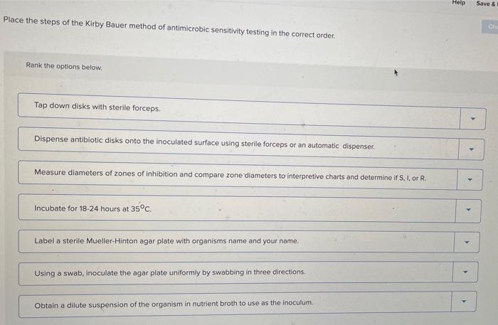 Solved Help Save & Place the steps of the Kirby Bauer method | Chegg.com