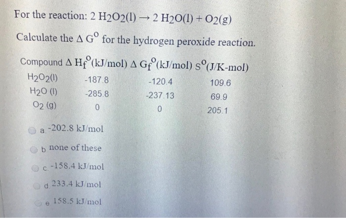 Solved For the reaction: 2 H2O2(1) — 2 H2O(1) + O2(g) | Chegg.com