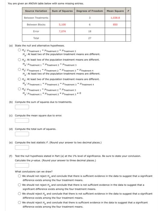 Solved You are given an ANOVA table below with some missing | Chegg.com
