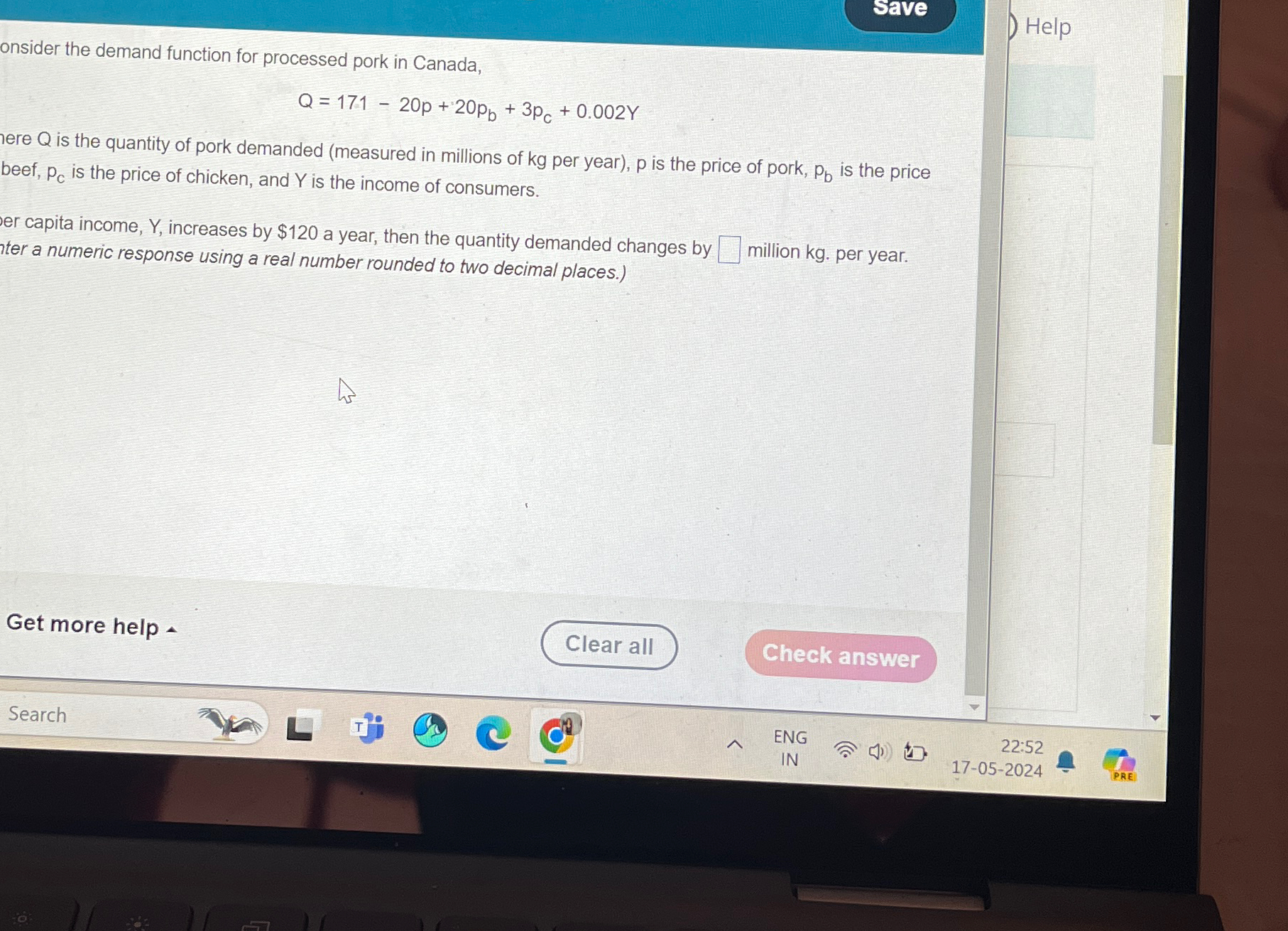 Solved Saveonsider the demand function for processed pork in | Chegg.com