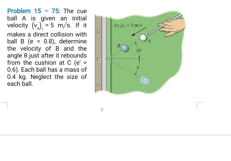 Solved Problem 15 - 75: The cue ball A is given an initial | Chegg.com