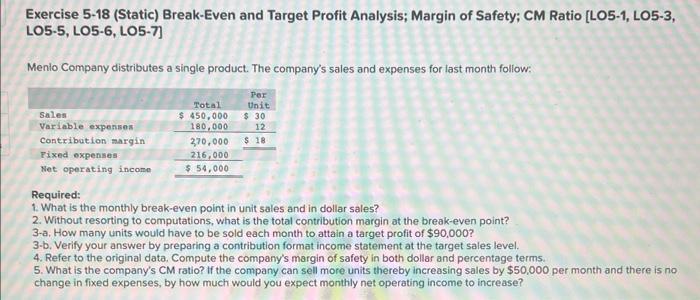 Solved Exercise 5-18 (Static) Break-Even and Target Profit | Chegg.com