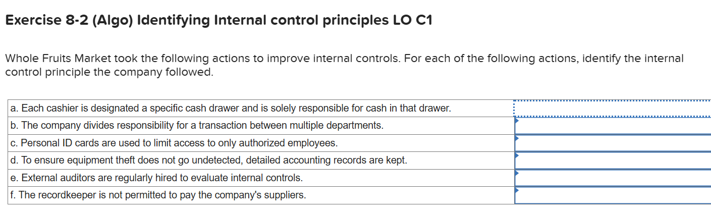 High Quality SOLUTION Exercise 8-2 (Algo) ﻿Identifying Internal control | Chegg.com