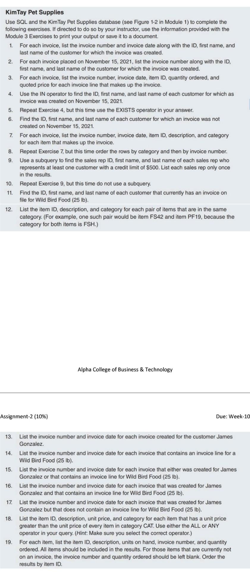 Solved KimTay Pet Supplies Use SQL and the KimTay Pet | Chegg.com