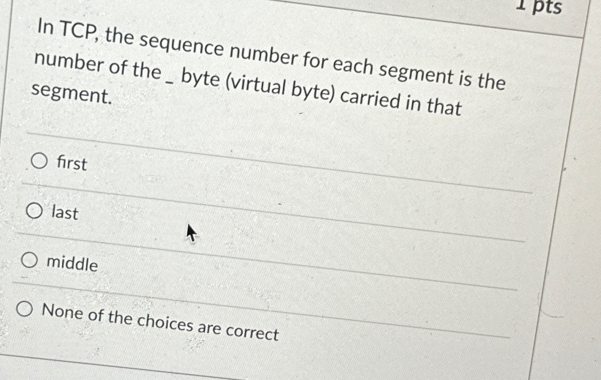 Solved In TCP, ﻿the sequence number for each segment is the | Chegg.com