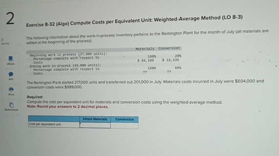 Solved Exercise 8-32 (Algo) ﻿Compute Costs per Equivalent | Chegg.com