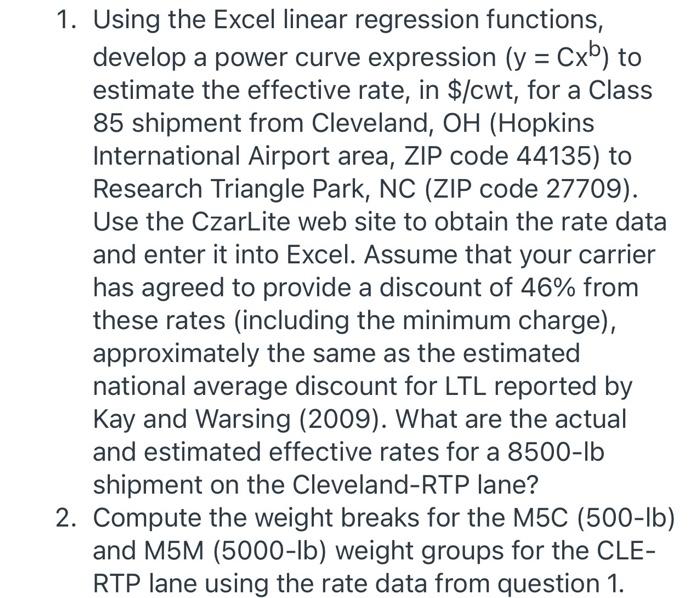 1. Using the Excel linear regression functions, | Chegg.com
