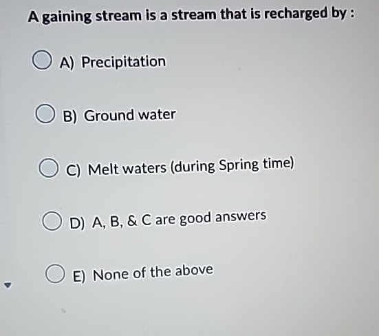 Solved A gaining stream is a stream that is recharged by:A) | Chegg.com