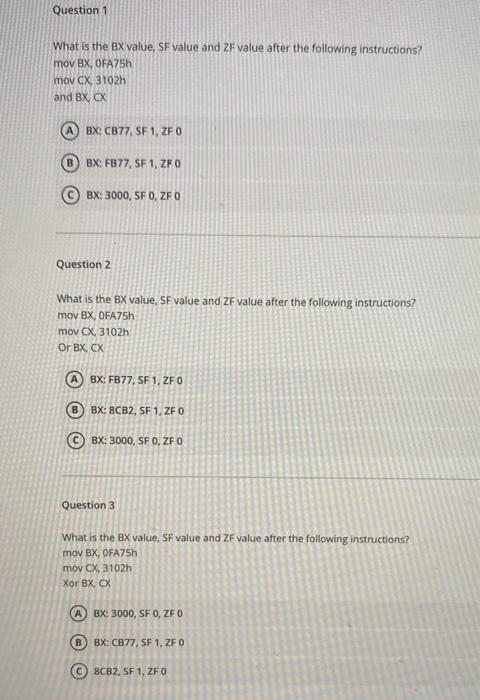 Solved What is the BX value, SF value and ZF value after the | Chegg.com