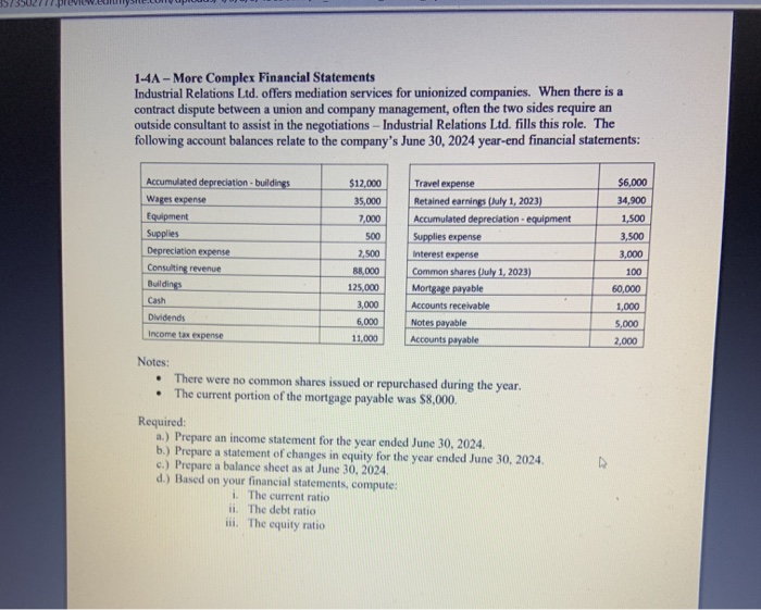 Solved 1-4A - More Complex Financial Statements Industrial | Chegg.com