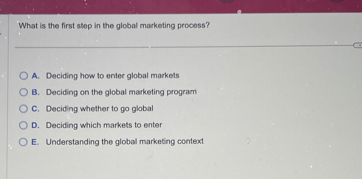 Solved What is the first step in the global marketing | Chegg.com