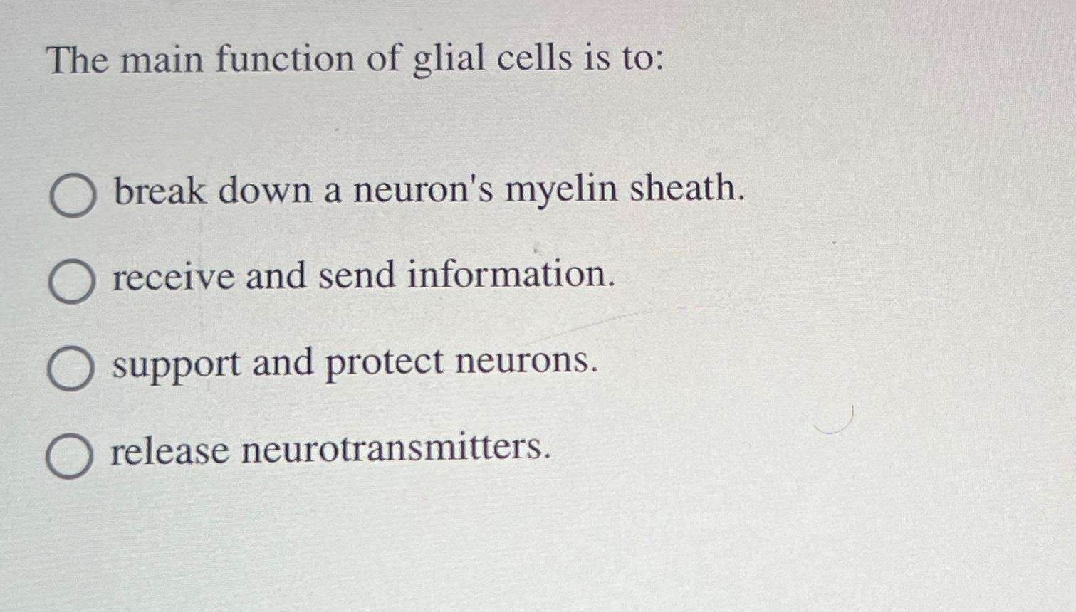 Solved The main function of glial cells is to:break down a | Chegg.com