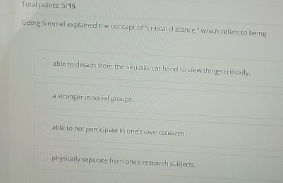 Solved Total points: 5/15Georg Simmel explained the concept | Chegg.com
