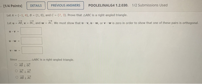 Solved . [1/4 points) DETAILS PREVIOUS ANSWERS POOLELINALG4 | Chegg.com