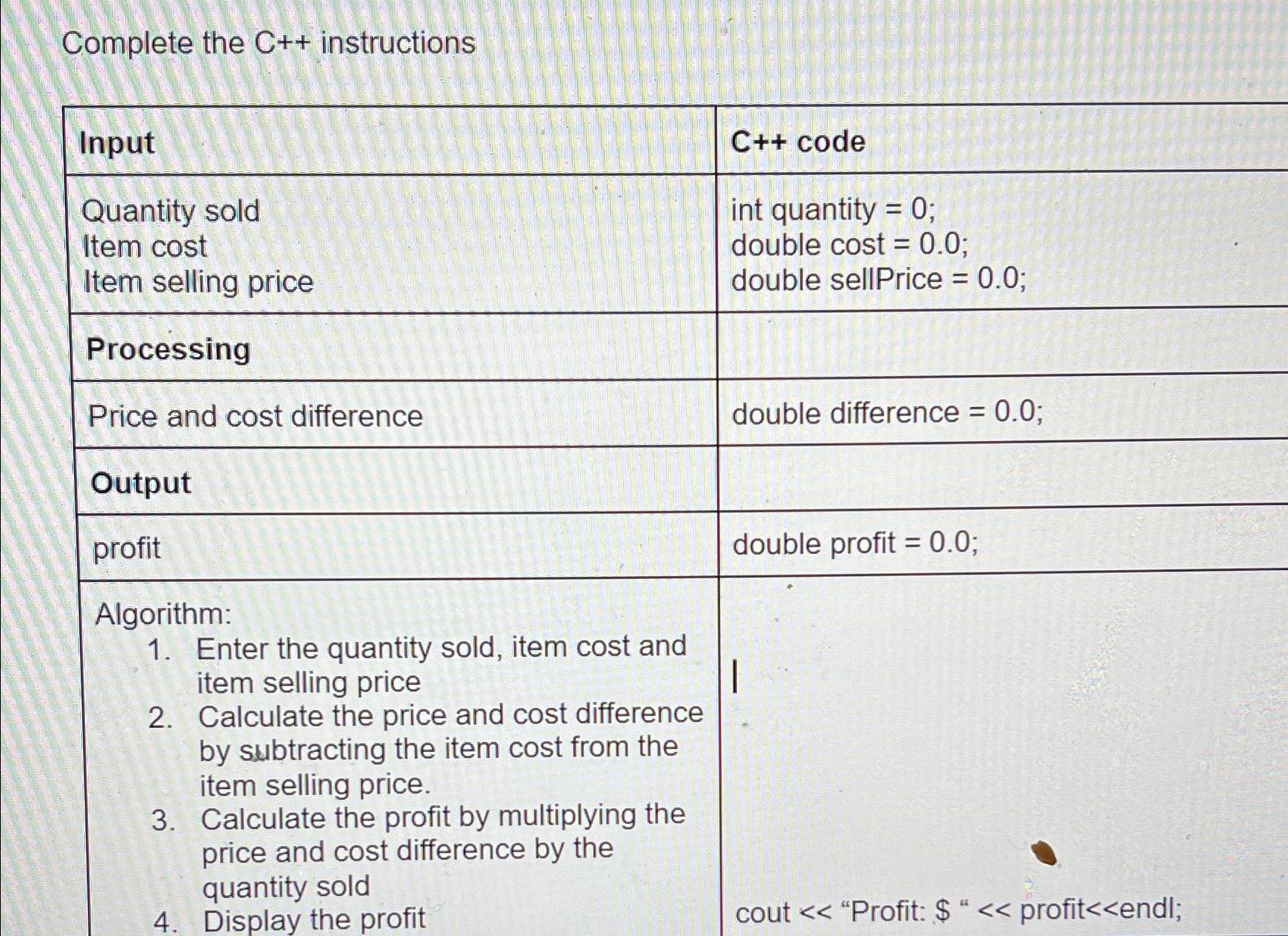 Solved Complete the C++ ﻿instructions\table[[Input,C++ | Chegg.com