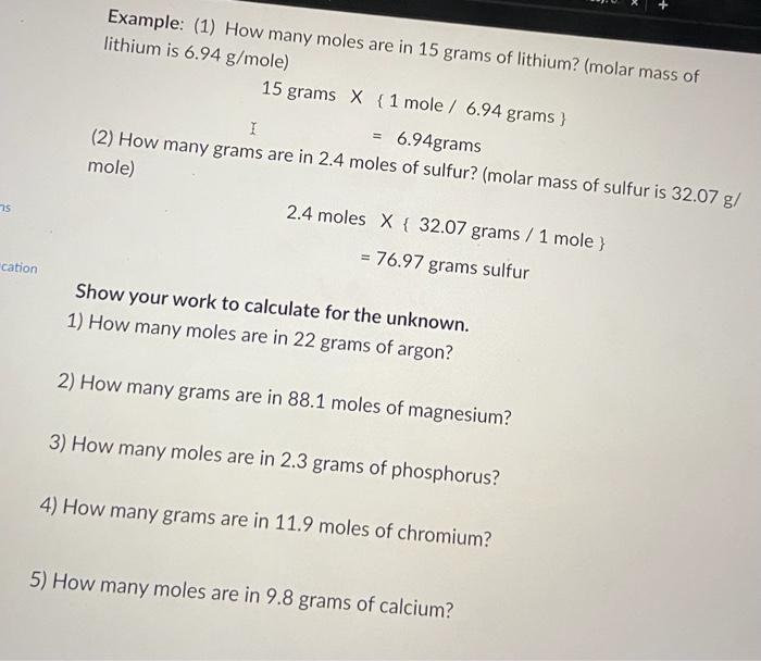Solved Example: (1) How many moles are in 15 grams of | Chegg.com