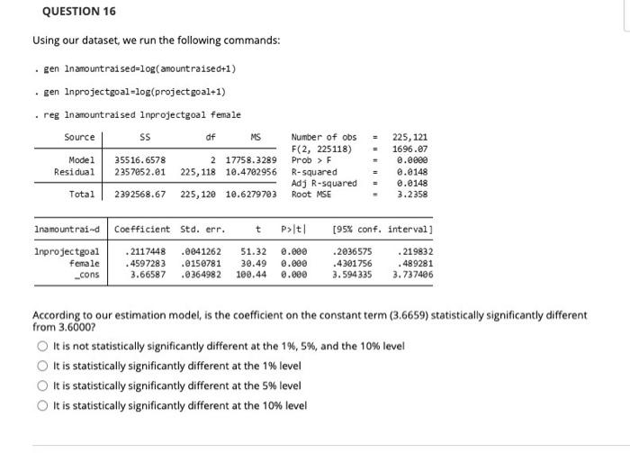 Solved QUESTION 16 Using our dataset, we run the following | Chegg.com