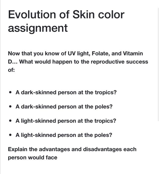 Solved Evolution of Skin color assignment Now that you know | Chegg.com