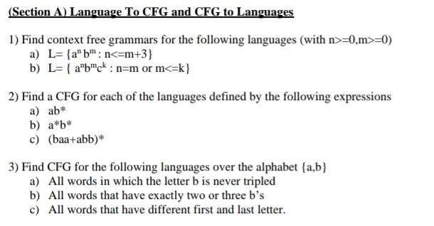 Solved (Section A) Language To CFG and CFG to Languages 1) | Chegg.com