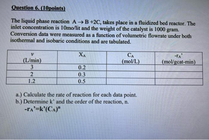 Solved The liquid phase reaction A→B+2C, takes place in a | Chegg.com