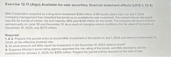 Solved Exercise 12-11 (Algo) Available-for-sale securities; | Chegg.com