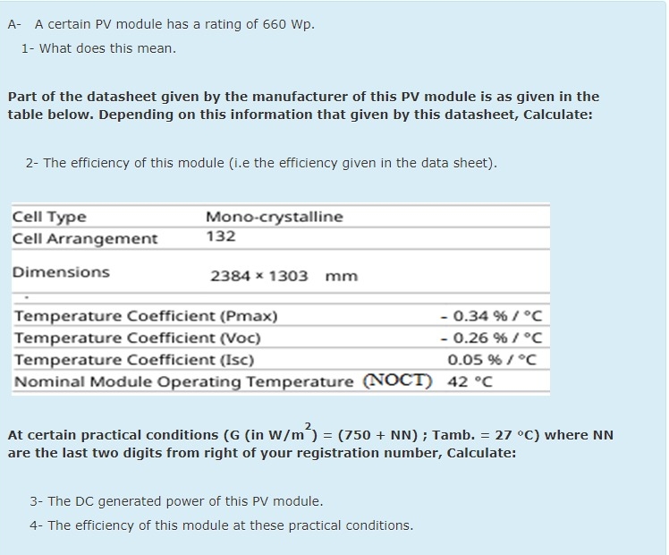 Solved A- ﻿A certain PV module has a rating of 660 ﻿Wp .1- | Chegg.com