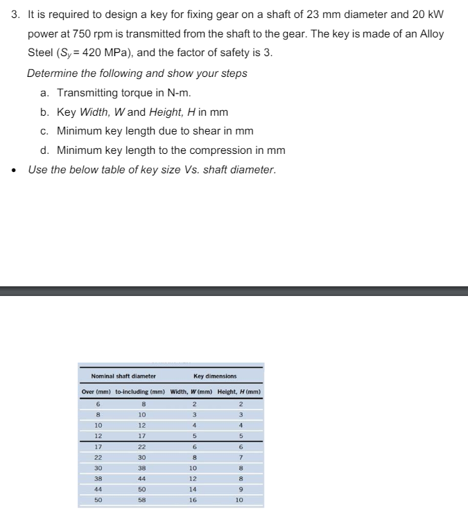 Solved It is required to design a key for fixing gear on a | Chegg.com