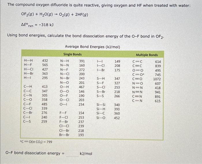 Solved OF2(g)+H2O(g)→O2(g)+2HF(g)ΔEnxn ∘=−318 kJ Using bond | Chegg.com